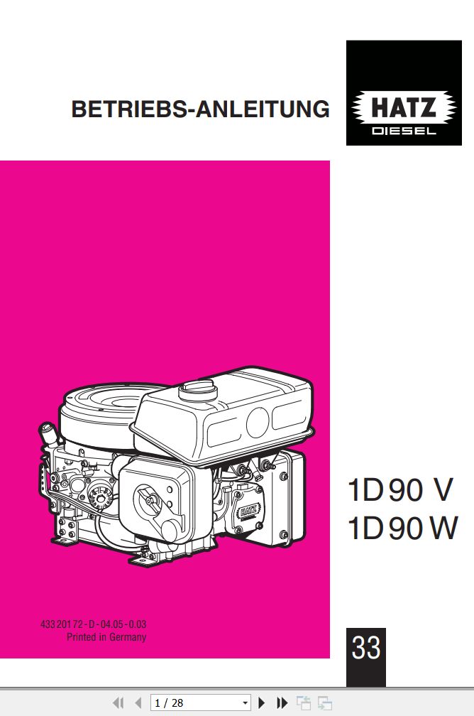 Hatz Engine 1D90V 1D90W Instruction Book DE
