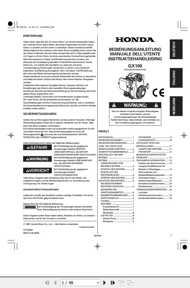 Honda Engine GX100 Owners Manual and Diagram