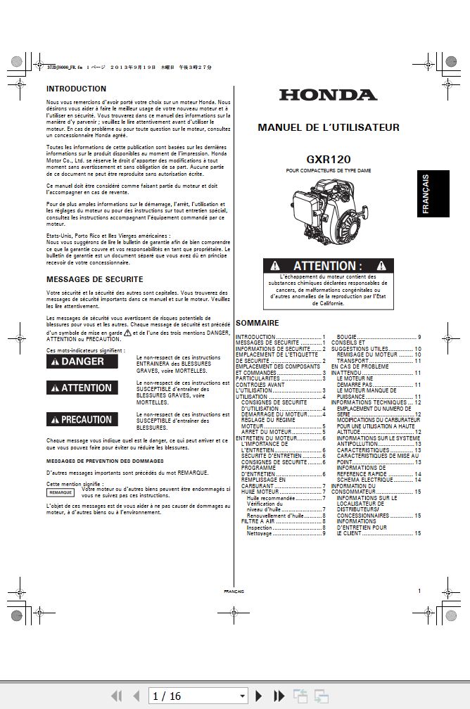 Honda Engine GX120 Owners Manual and Wiring Diagram FR