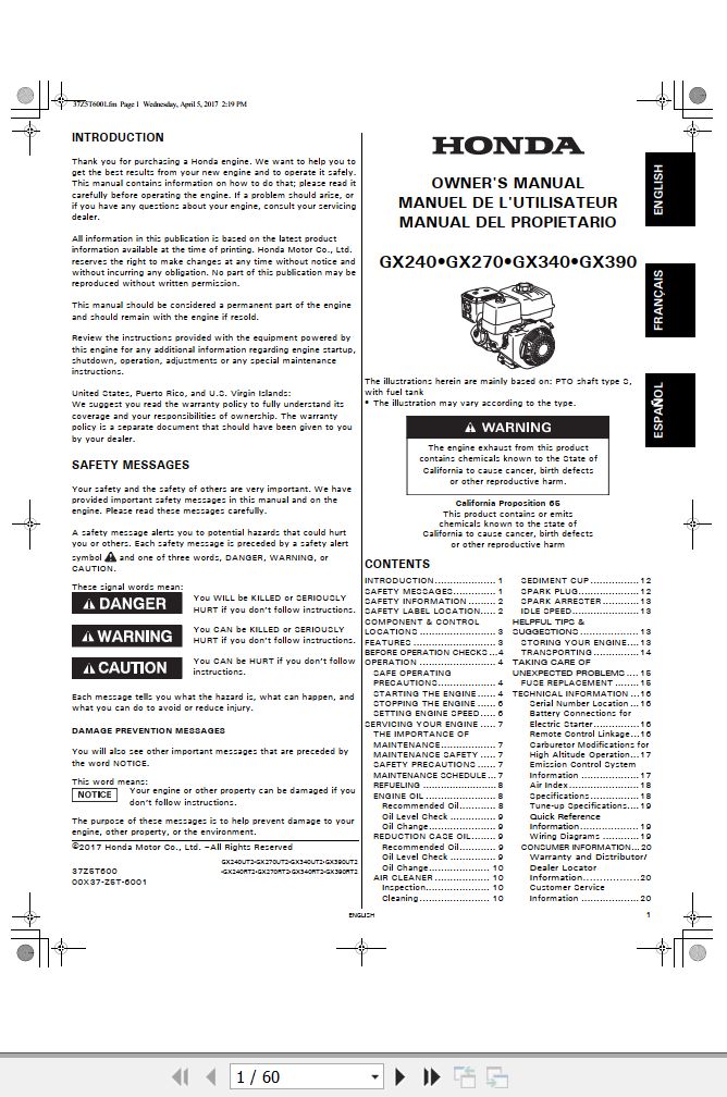 Honda Engine GX240 GX270 GX340 GX390 Owners Manual and Wiring Diagram EN FR ES