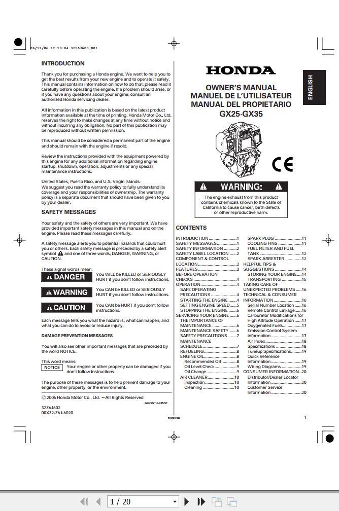 Honda Engine GX25 GX35 Owners Manual and Diagram EN