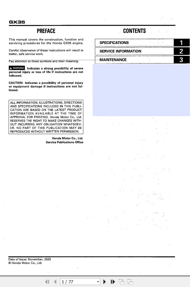 Honda Engine GX35 Service Information and Maintenance Manual