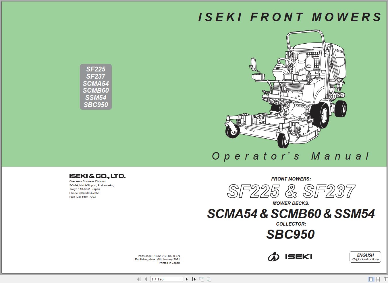 Iseki Front Mowers SF225 SF237 Operators Manual 1832-912-102-0-EN