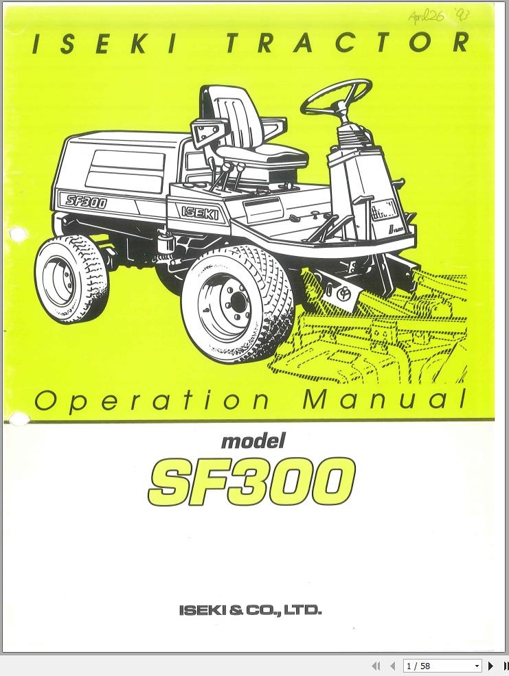 Iseki Tractor SF300 SF330 Operators Manual and Diagram