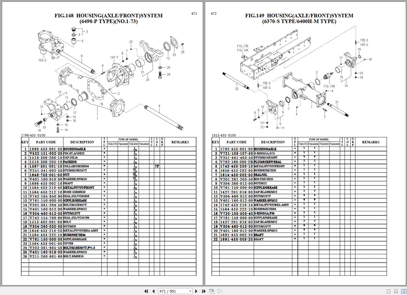 Iseki Tractor TG6370 TG6400(H) TG6490(H) Parts Catalog 1815-097-100-10