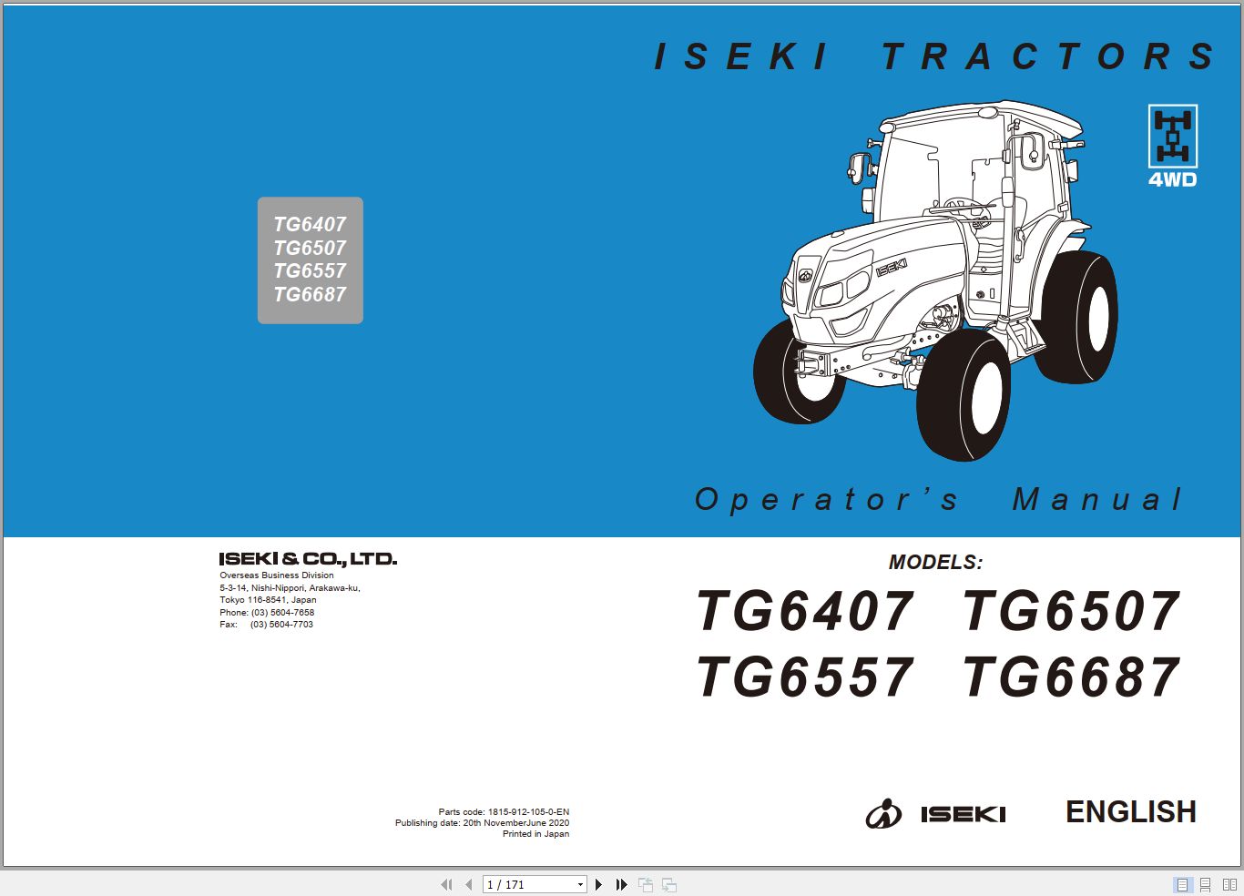 Iseki Tractor TG6407 TG6507 TG6557 TG6687 Operators Manual 1815-912-105-0-EN