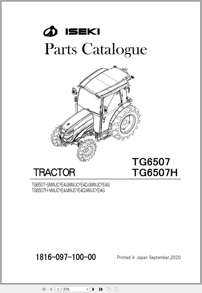 Iseki Tractor TG6507 TG6507H Parts Catalog 1816-097-100-0A