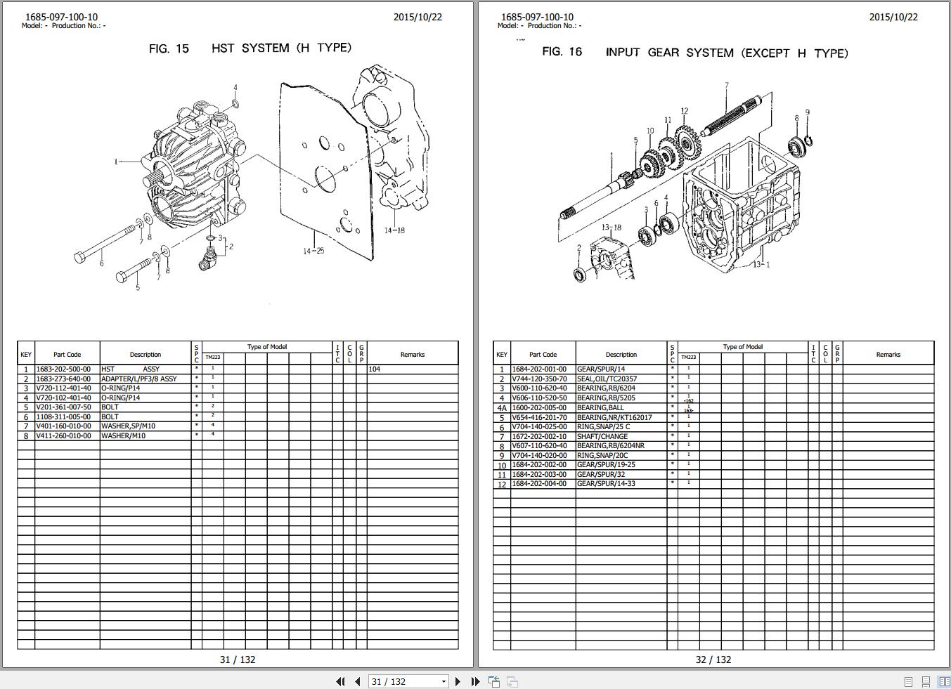 Iseki Tractor TM223 Parts Catalog 1685-097-100-10