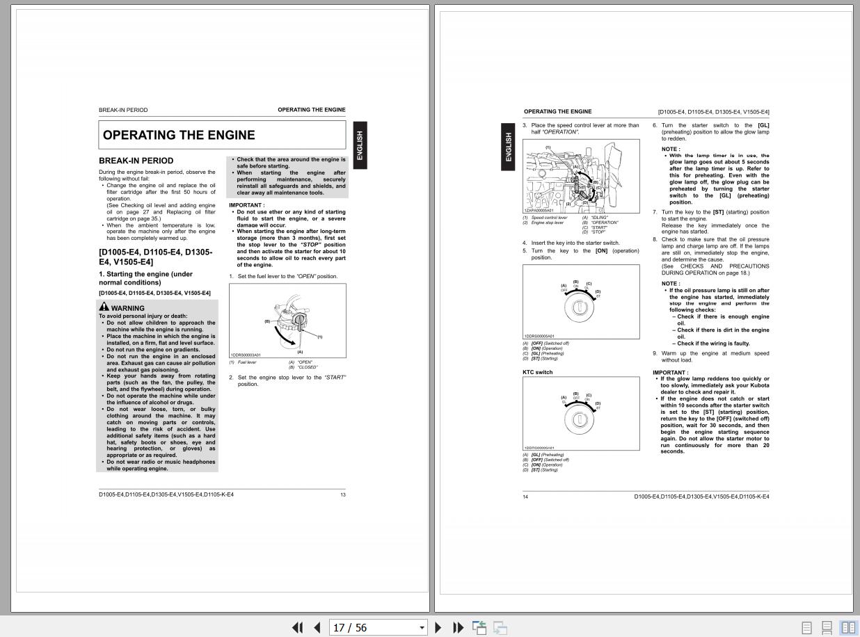 Kubota Diesel Engine D1005-E4 to D1105-K-E4 Operators Manual 1J095-8916-8