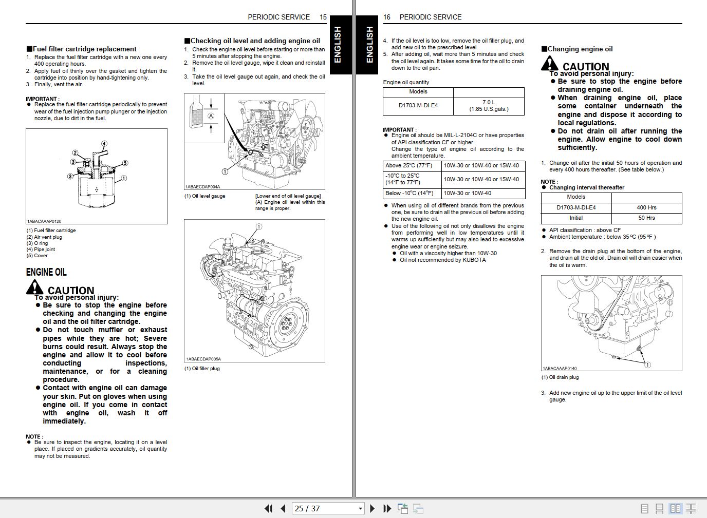Kubota Engine D1703-M-DI-E4 Operators Manual and Wiring Diagram EN