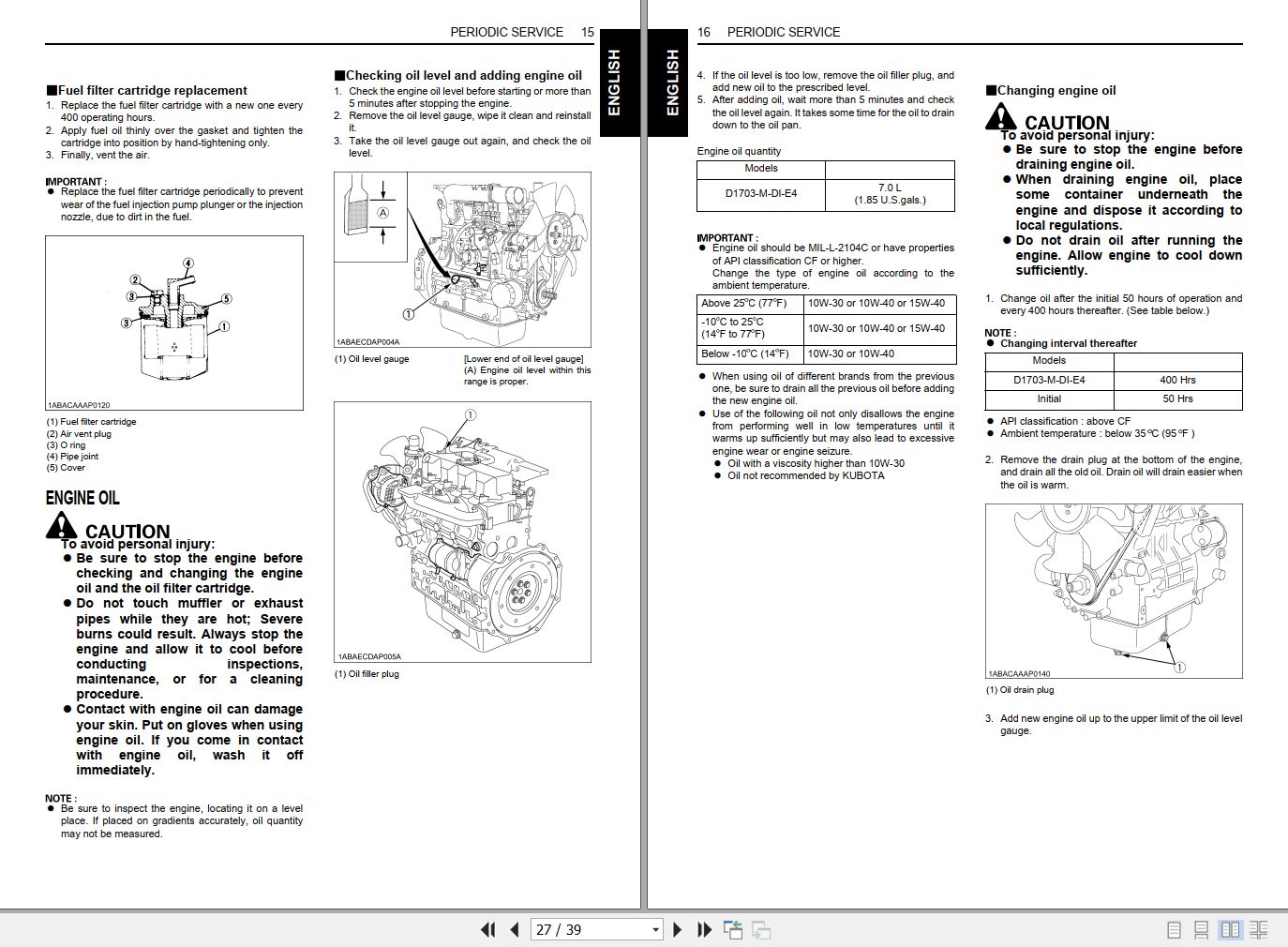 Kubota Engine D1703-M-Dl-E4 Operators Manual and Wiring Diagram