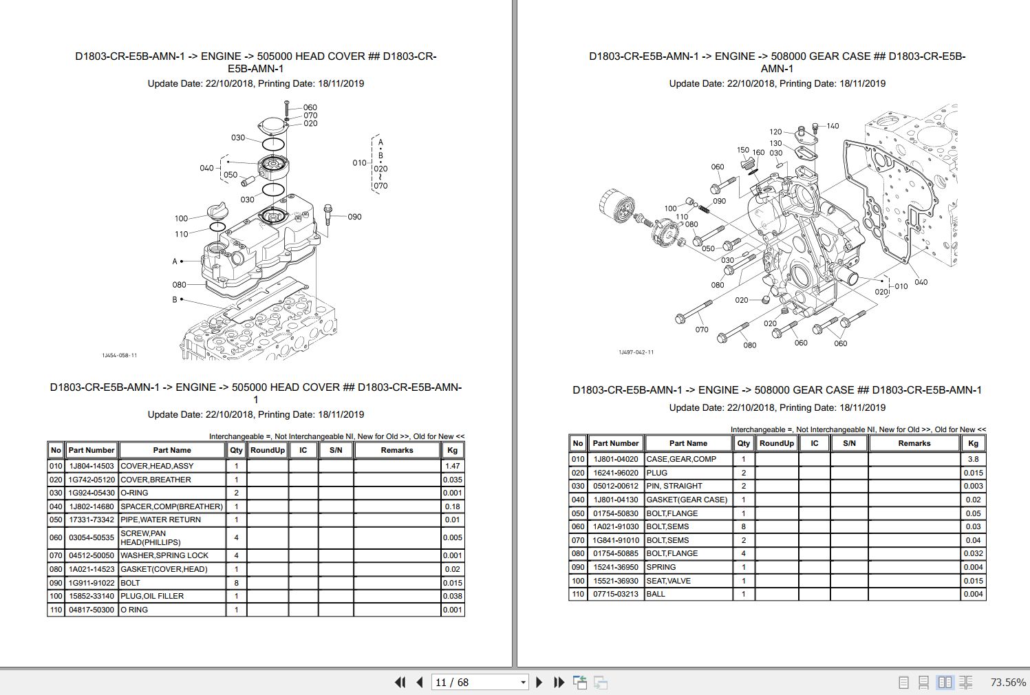 Kubota Engine D1803-CR-E5B-AMN-1 Illustrated Parts List