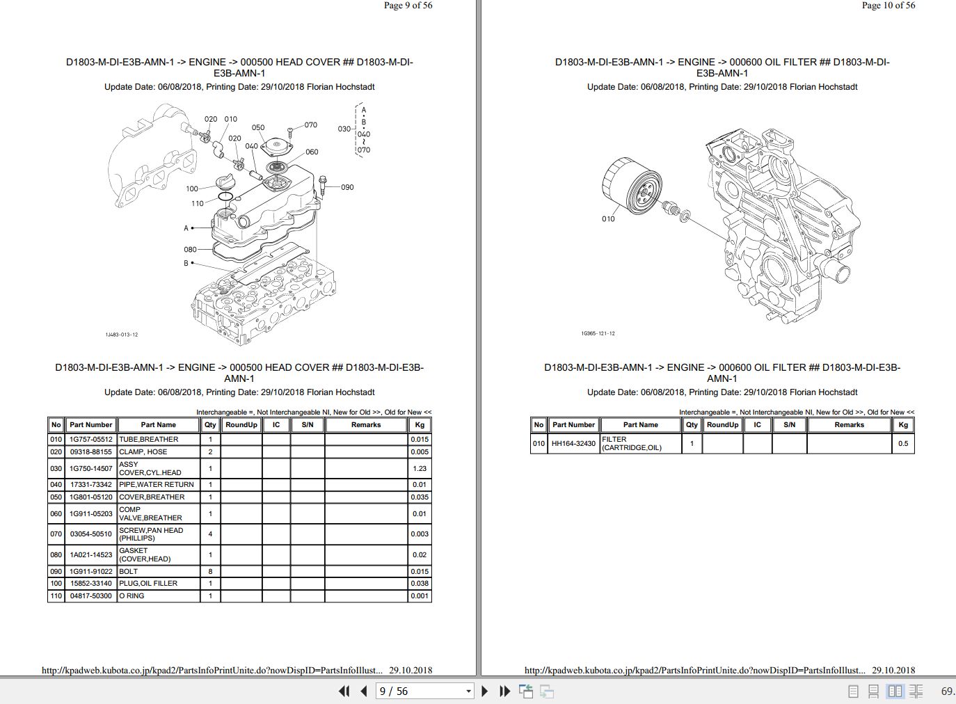 Kubota Engine D1803-M-D-E3B-AMN-1 Illustrated Parts List