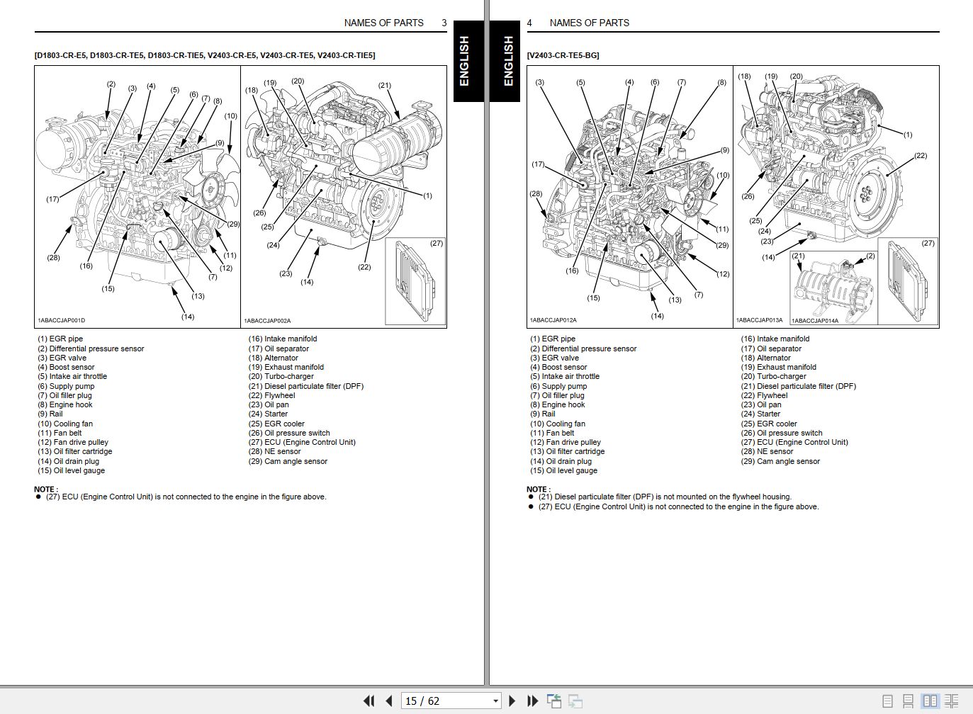 Kubota Engine V1505-CR-TE5 to V3800-CR-TE5-BG Operators Manual