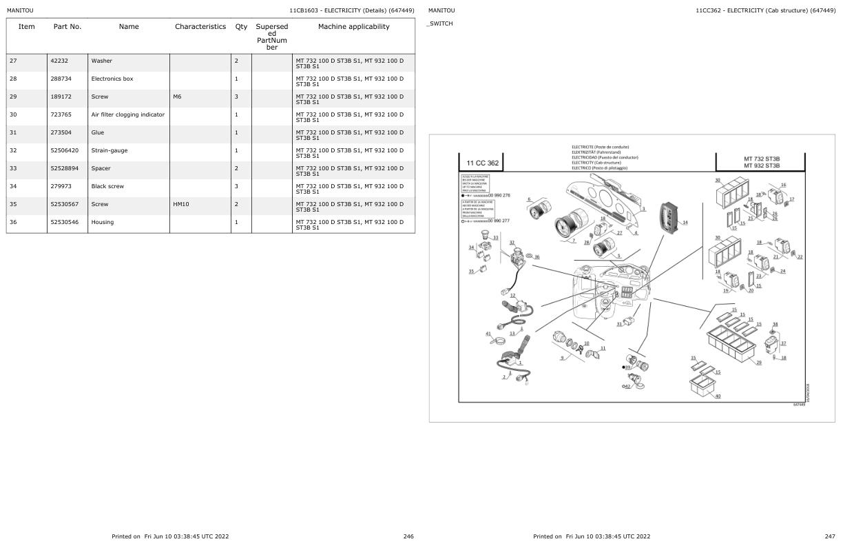 Manitou Telehandler MT 732 ST3B MT 932 ST3B Parts Catalog 647449