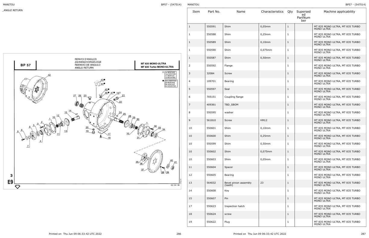 Manitou Telehandler MT 835 MONO ULTRA Parts Catalog 547514