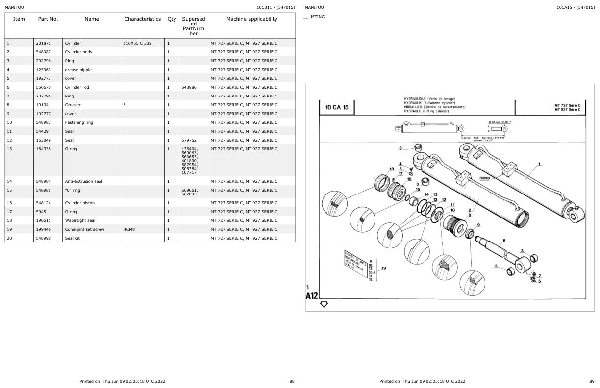 Manitou Telehandler MT 927 SERIE C Parts Catalog 547015