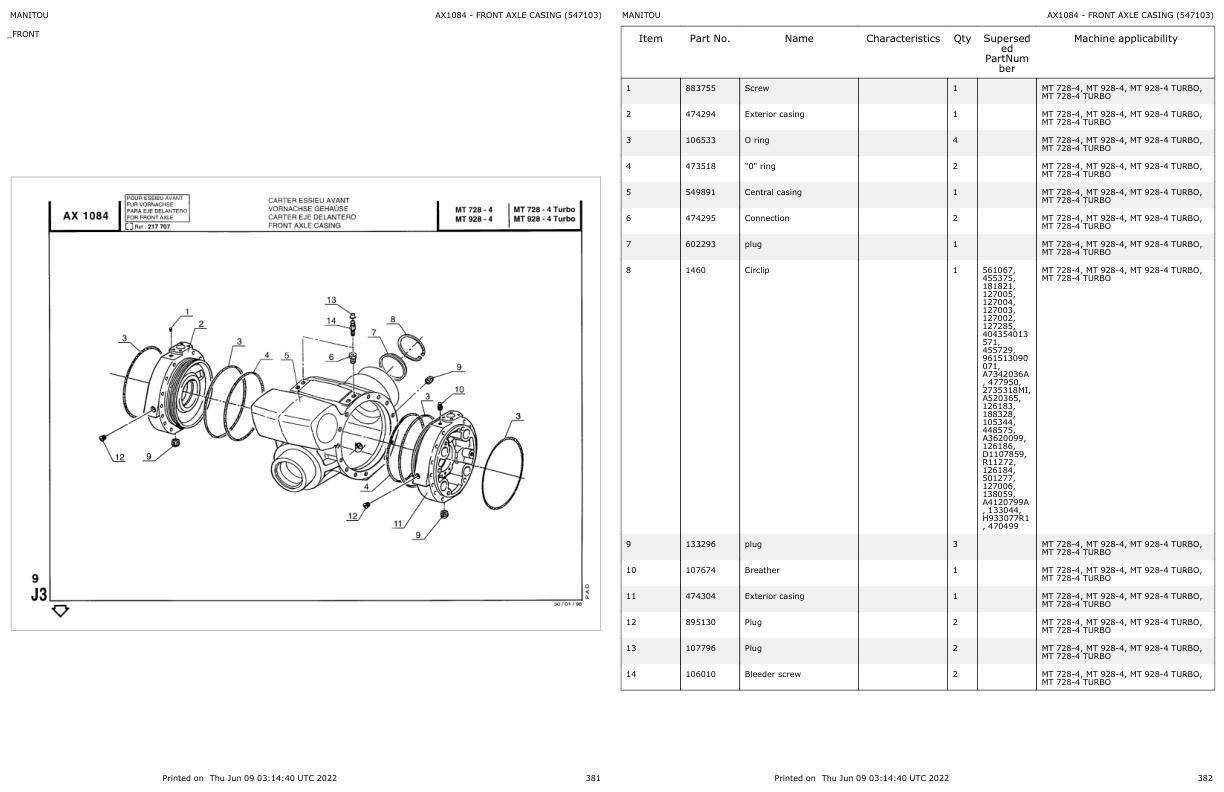 Manitou Telehandler MT 928-4 Parts Catalog 547103