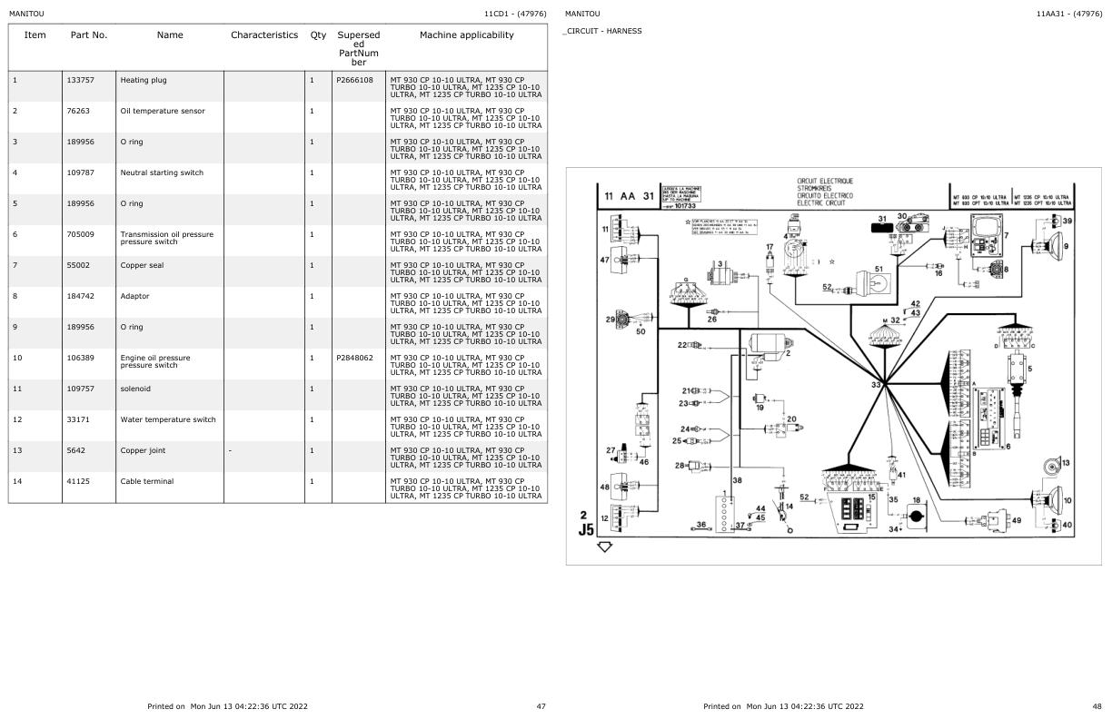 Manitou Telehandler MT 930 CP TURBO 10-10 ULTRA Parts Catalog 47976
