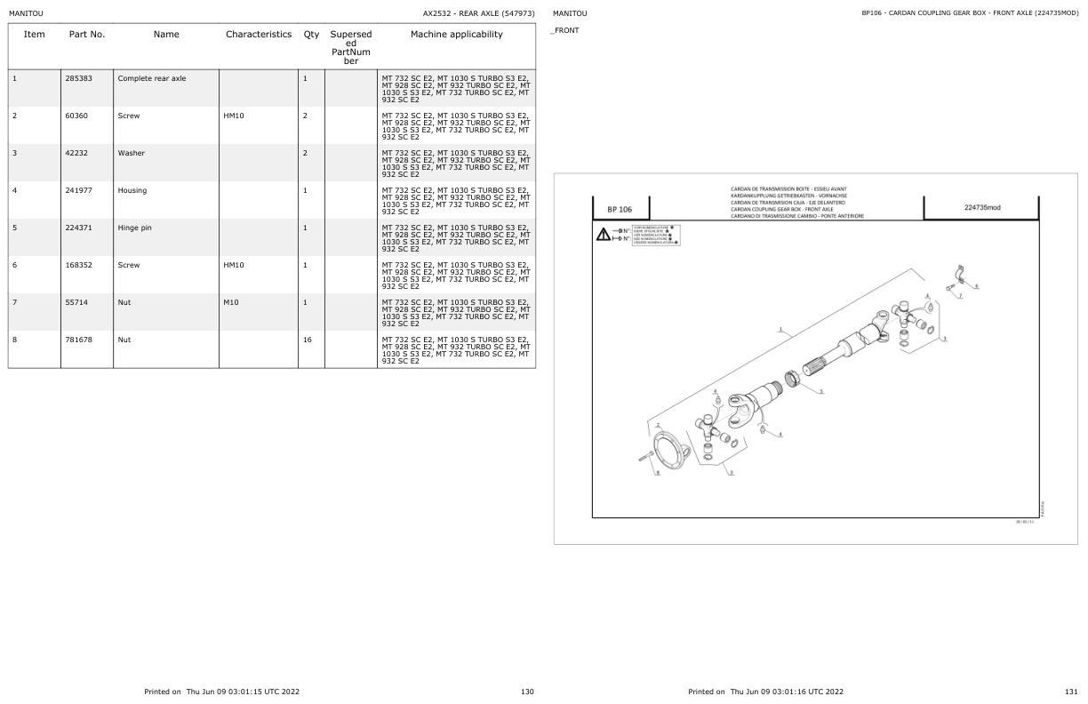 Manitou Telehandler MT 932 SC E2 Parts Catalog 547973