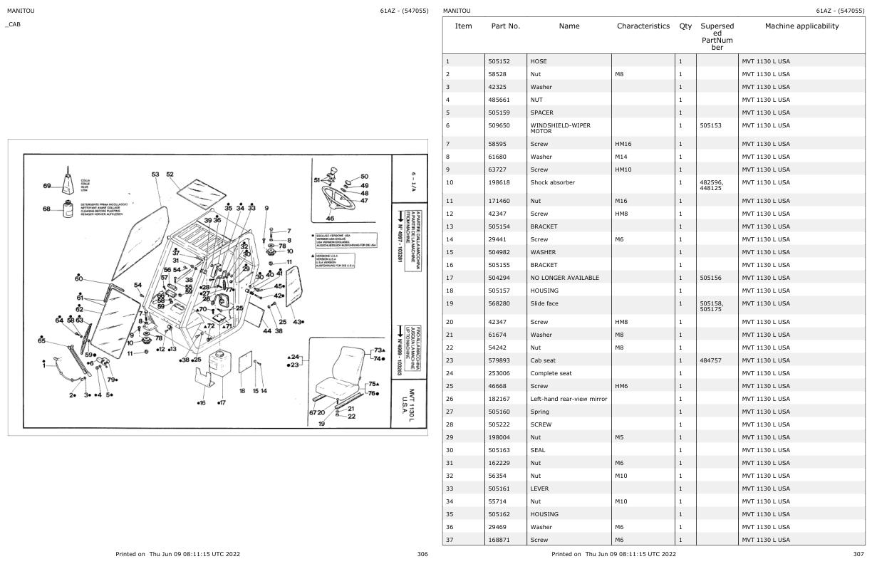 Manitou Telehandler MVT 1130 L USA Parts Catalog 547055