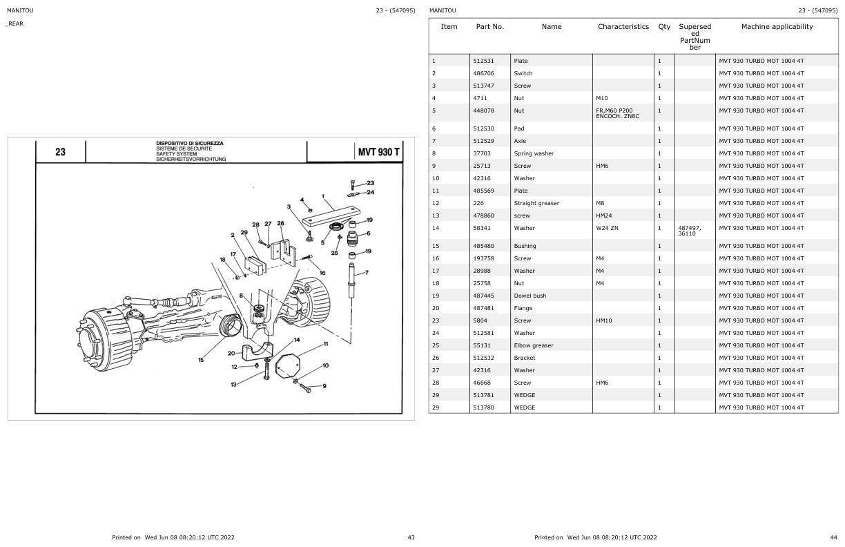 Manitou Telehandler MVT 930 T Parts Catalog 547095