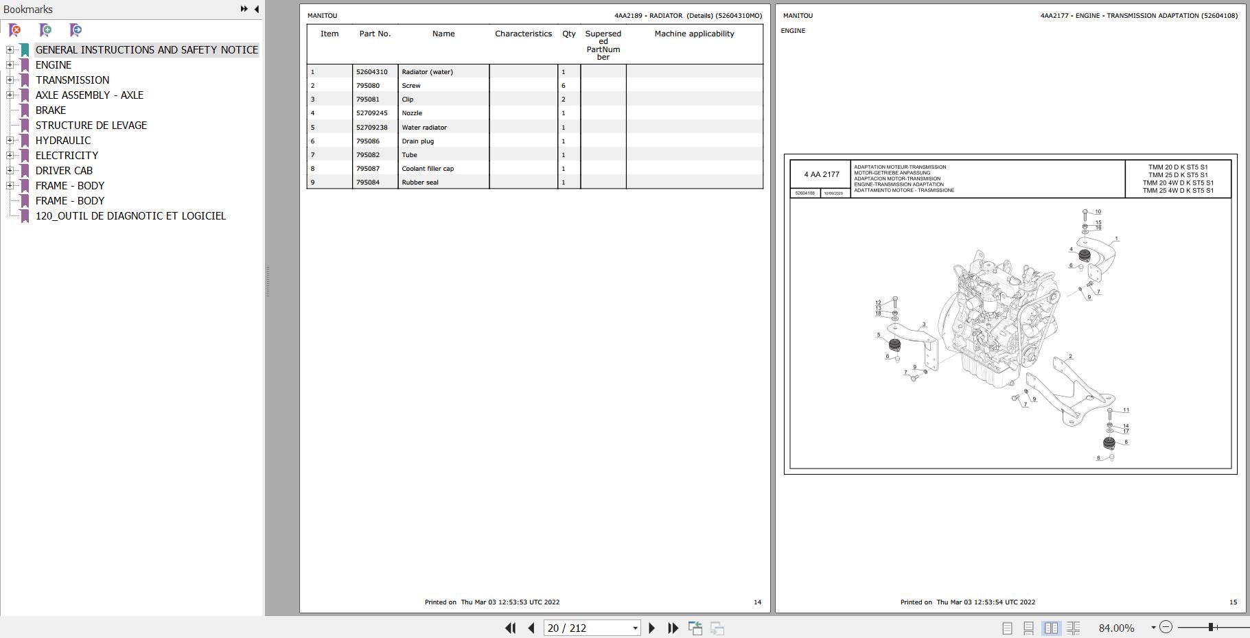 Manitou Telehandler TMM20DKST5S1 to TMM254WDKST5S1 Parts Catalog 52638632