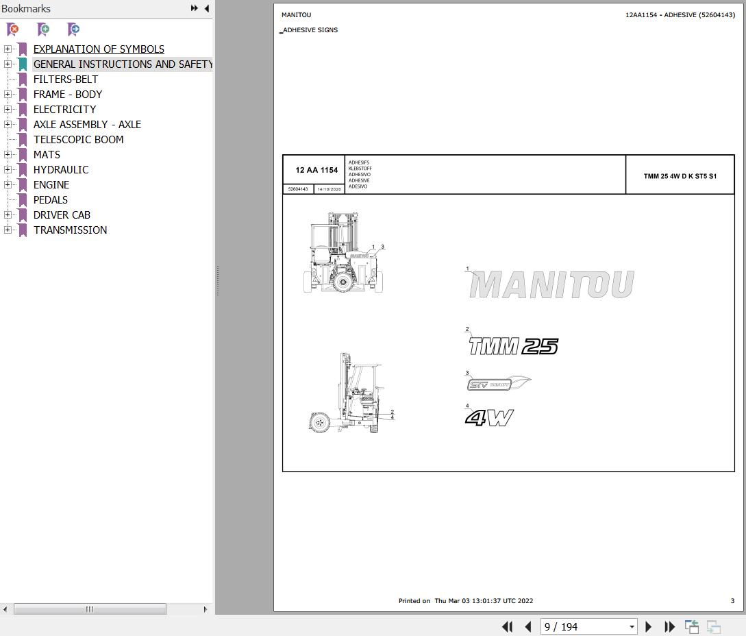 Manitou Telehandler TMM254WDKST5S1 Parts Catalog 52604143
