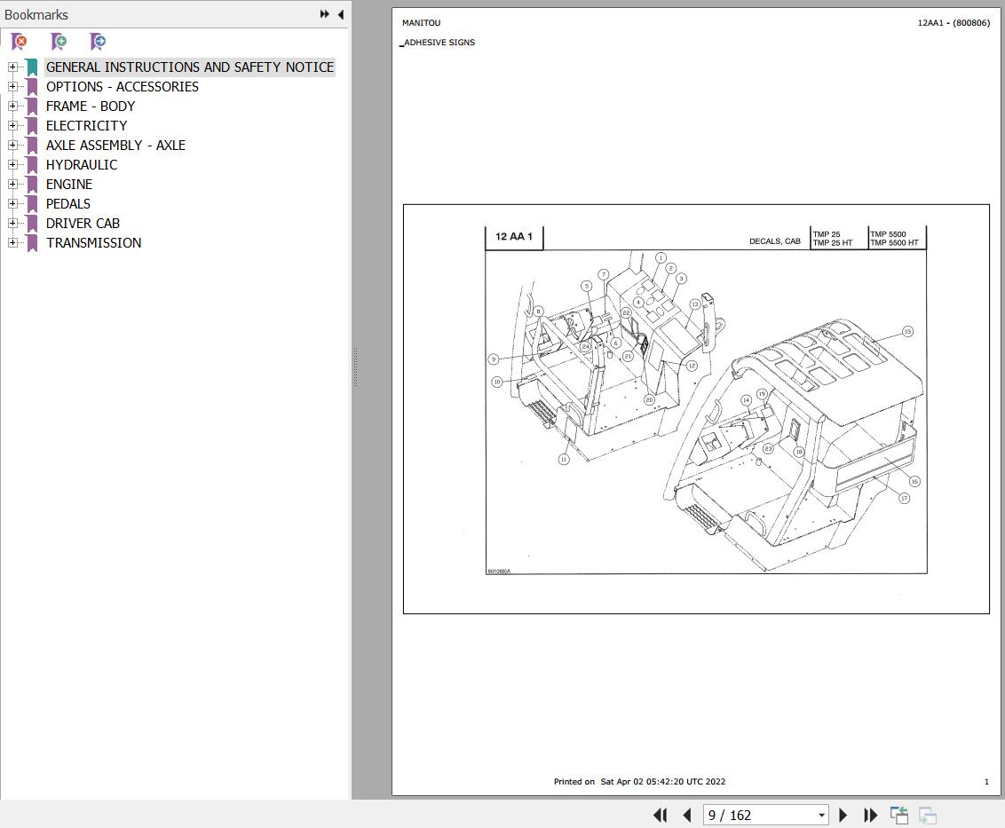 Manitou Telehandler TMP 5500 Parts Catalog 800806