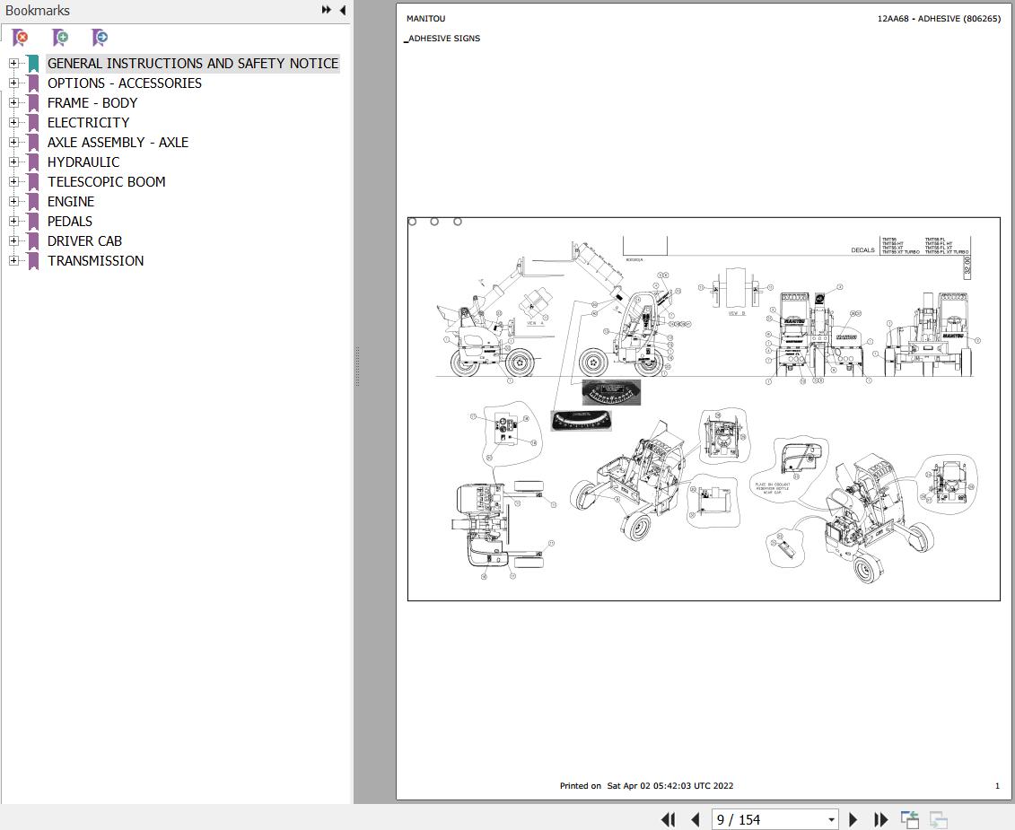 Manitou Telehandler TMT 55 FL HT Parts Catalog 806265