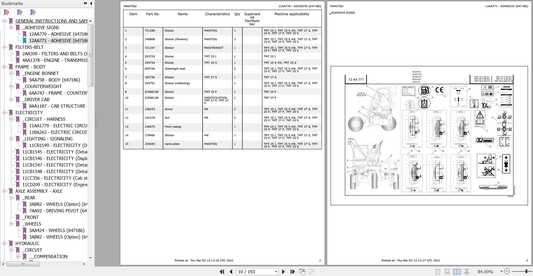 Manitou Telehandler TMT27PS2E3 Parts Catalog 647186