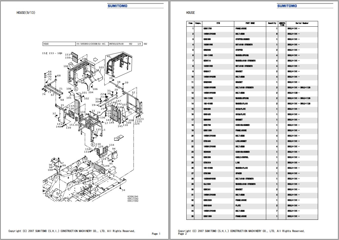 Sumitomo Excavator SH350LHD-5 Spare Parts Catalog