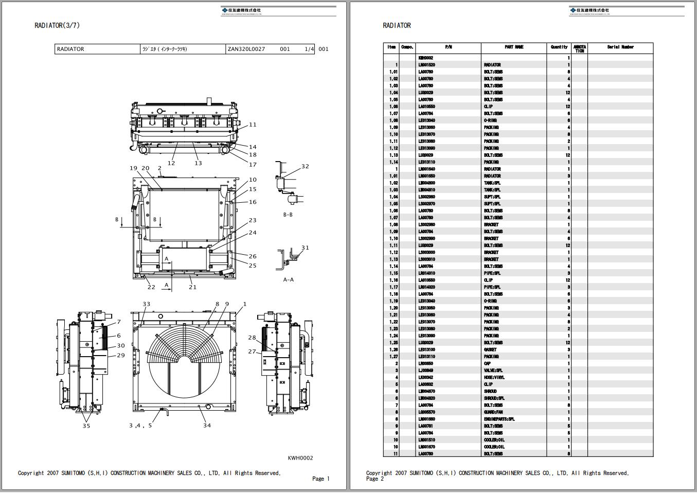 Sumitomo Excavator SH700LHD-5 Spare Parts Catalog