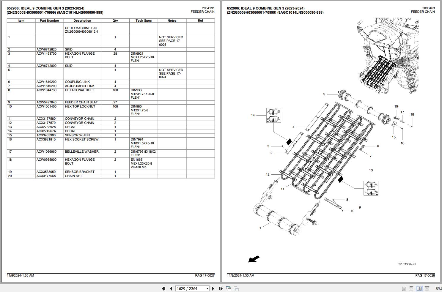 Massey Ferguson Combine Harvester IDEAL 9 GEN 3 Spare Parts Catalog