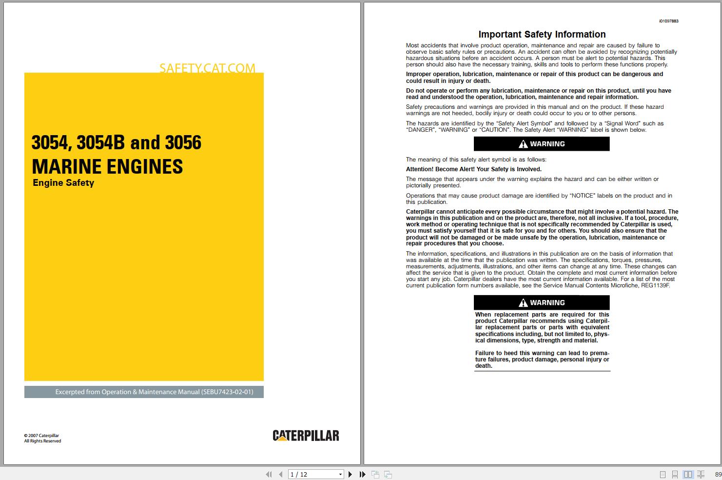 Caterpillar Engine 3054B 7SG Specifications Disassembly and Assembly