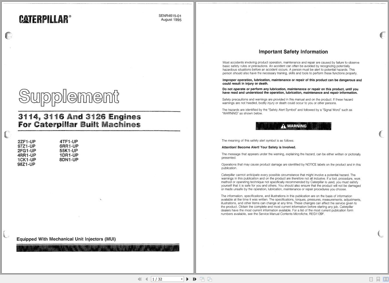 Caterpillar Engine 3114 3116 3126 supplements Manual SENR4615-01