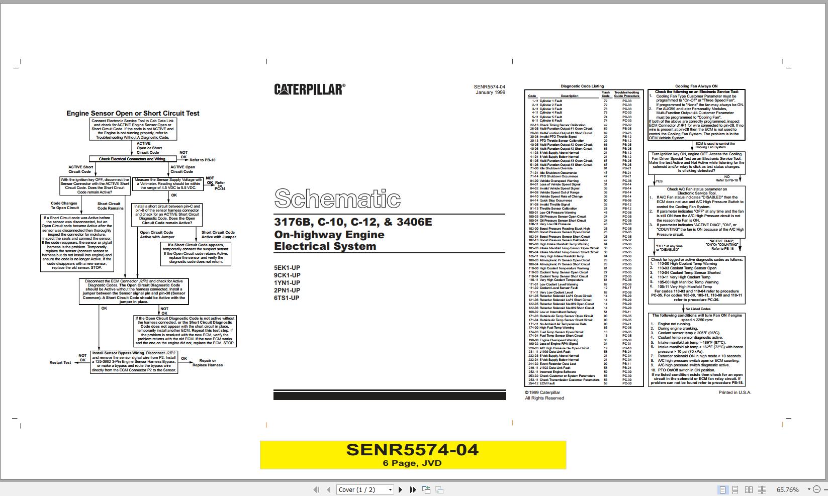 Caterpillar Engine 3176B 9CK Operators Service Manual and Electrical ...