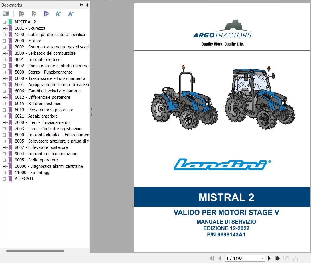 Landini Tractor MISTRAL 2-055 2-060 Service Manual and Diagrams 6698143A1 IT