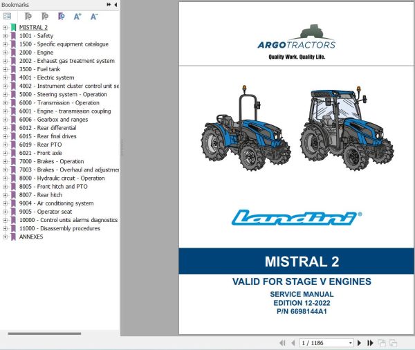 Landini Tractor MISTRAL 2-055 MISTRAL 2-060 Service Manual and Diagrams 6698144A1 EN