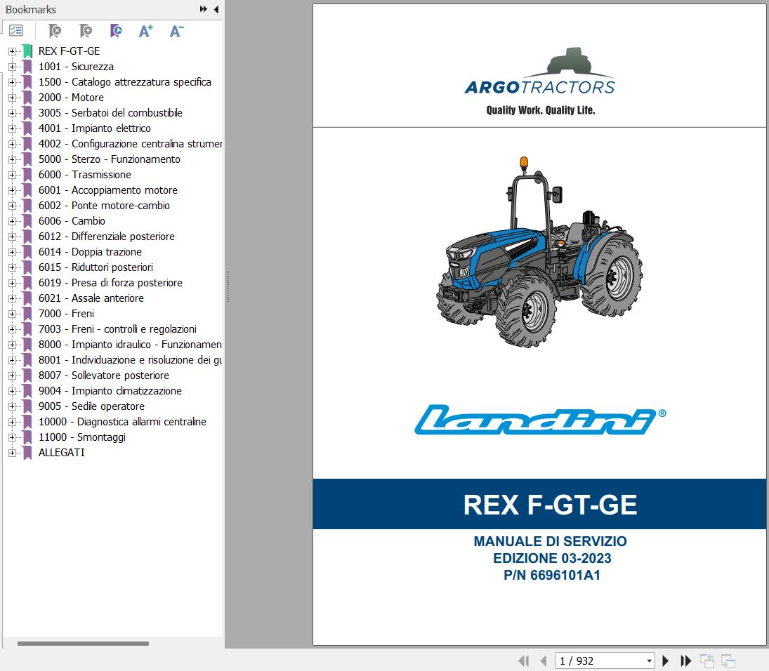 Landini Tractor Rex 80 90 100 110 120 F-GT-GE Service Manual and Diagrams 6696101A1 IT
