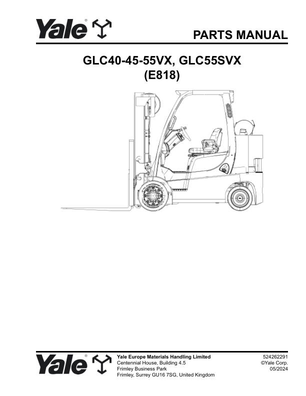 Yale Forklift E818E GLC40VX GLC45VX GLC55VX GLC55SVX Parts Manual 524262291 05-2024