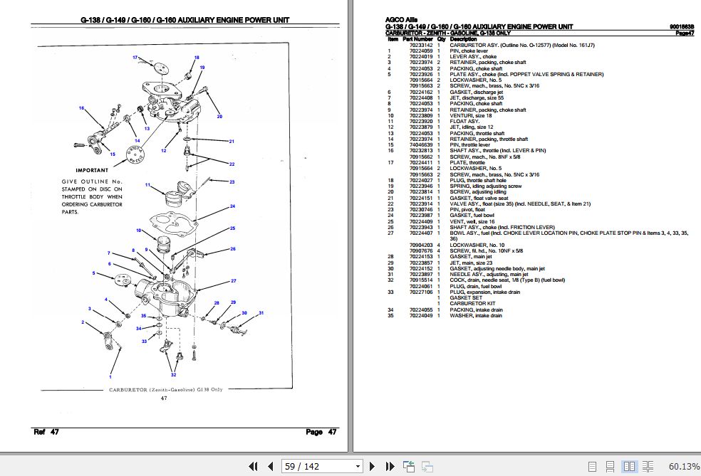 AGCO Allis Auxiliary Engine Power Unit G-138 G-149 G-160 Parts Catalog ...
