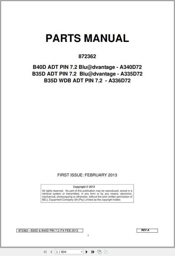 Bell Articulated Dump Truck B35D ADT B40D ADT B35D WDB ADT Parts Manual ...