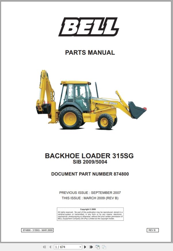 Bell Backhoe Loader 315SG Parts Manual 874800