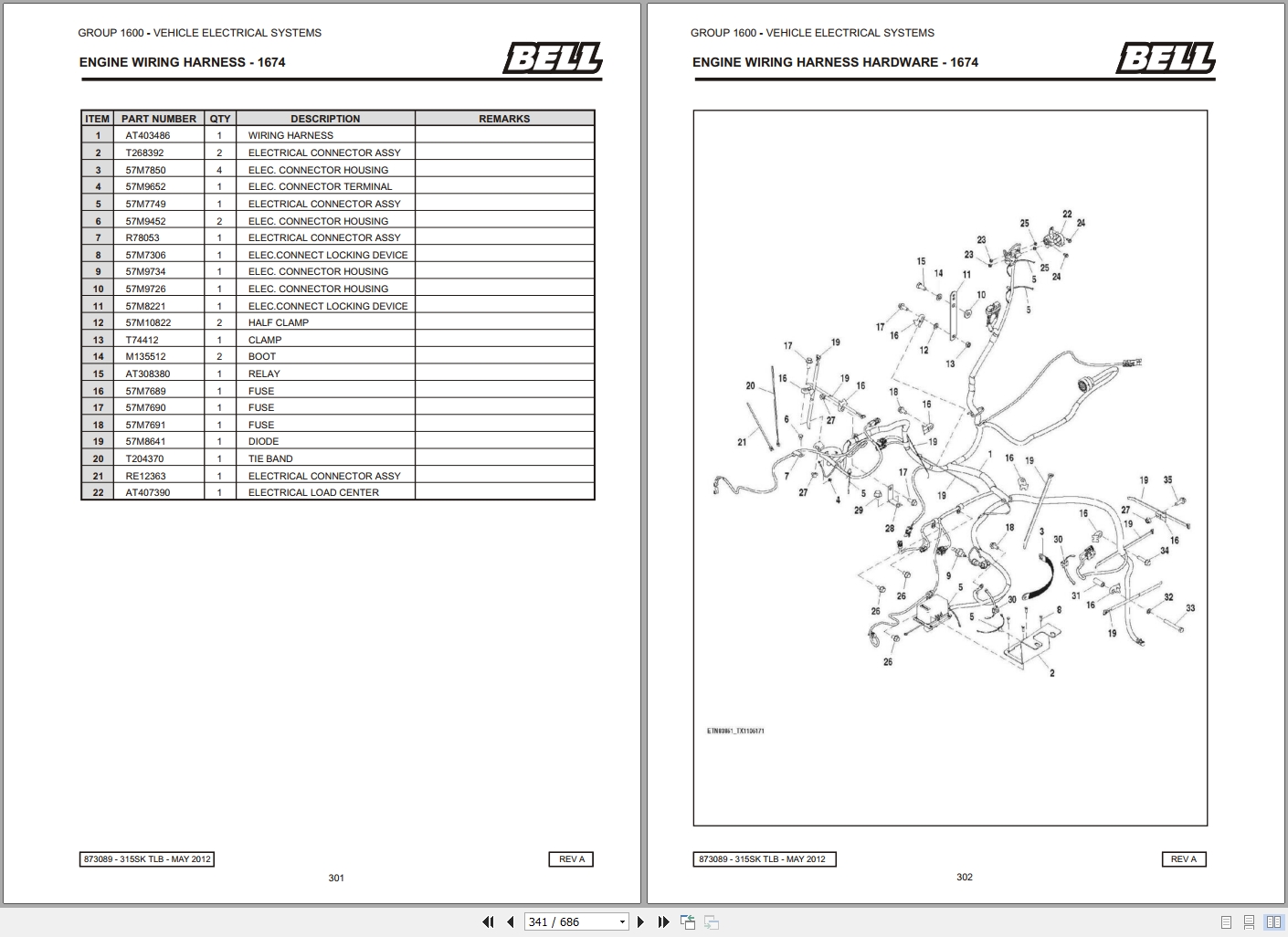 Bell Backhoe Loader 315SK Parts Manual 873089