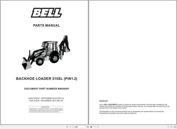 Bell Backhoe Loader 315SL Parts Manual BN054491