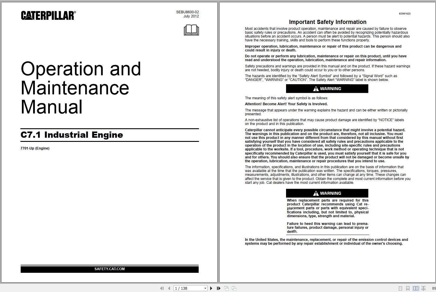 Caterpillar Engine C7.1 Operators Maintenance Manual SEBU8600-02