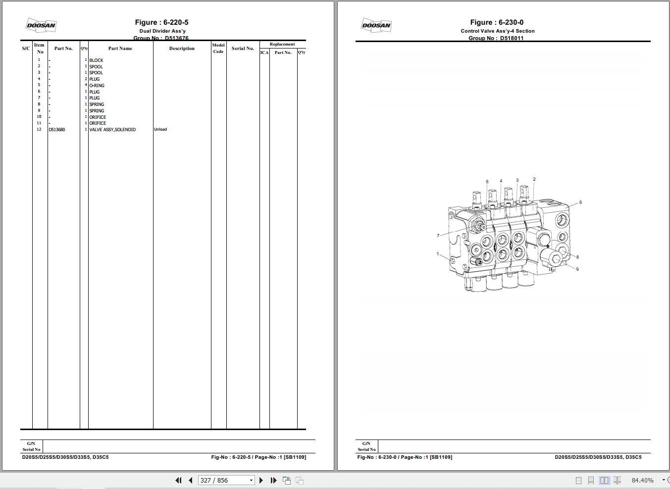 Doosan Forklift D20S-5 to D35C-5 Parts Catalog SB1109E13