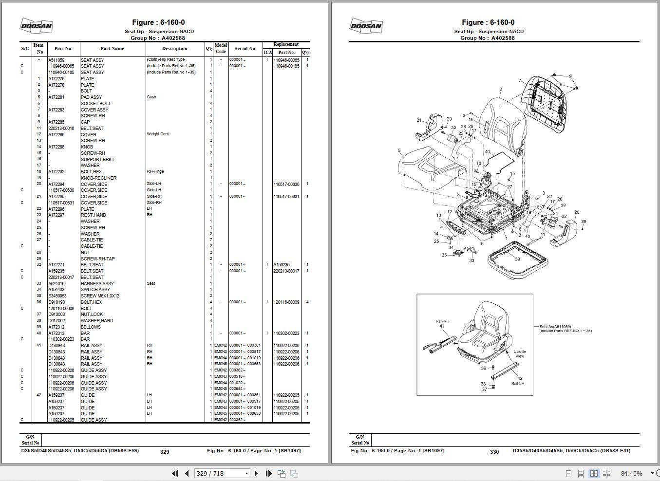 Doosan Forklift D35S-5 to D55SC-5 Parts Catalog SB1097E11