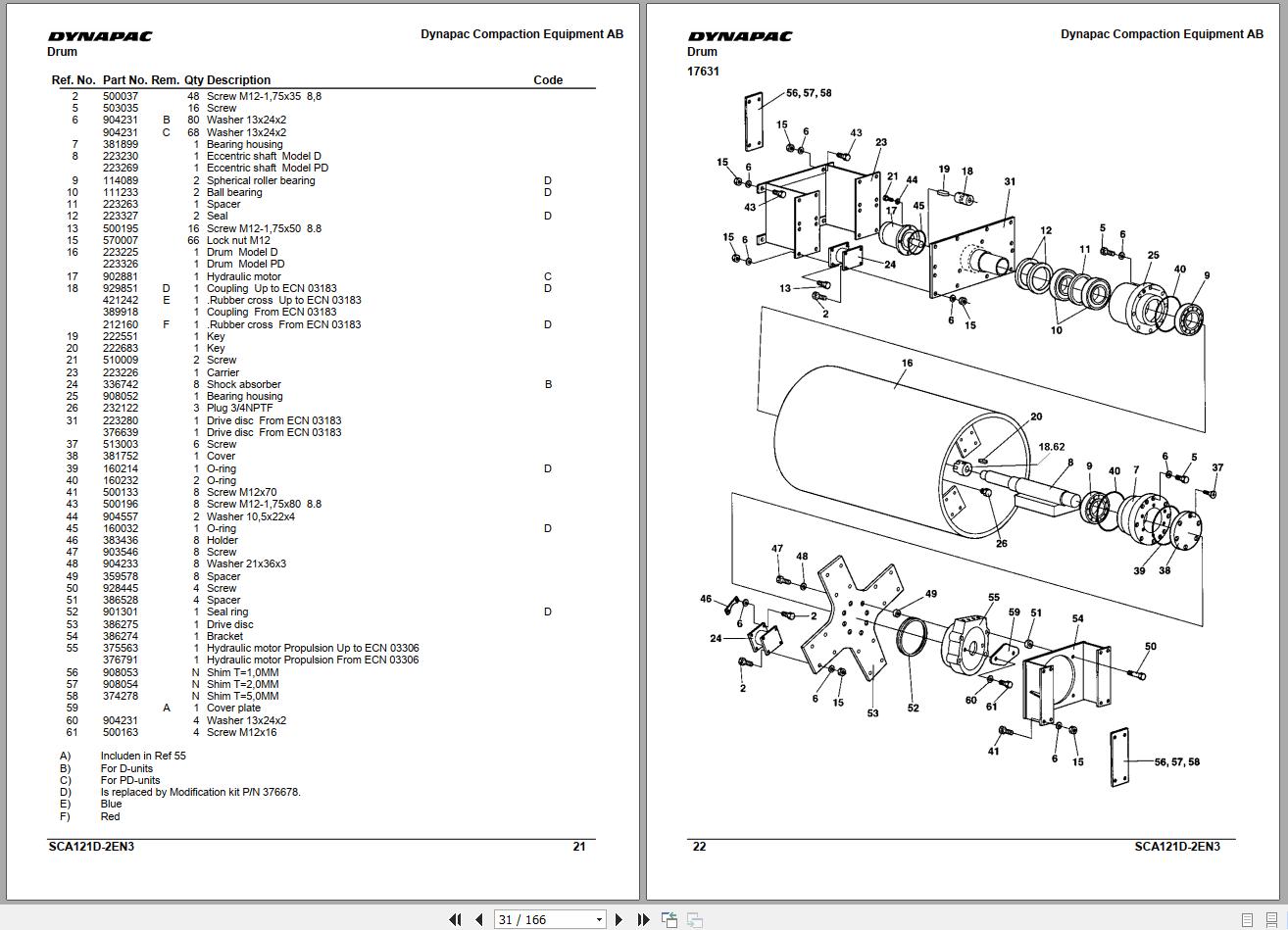 Dynapac Vibratory Roller CA121D CA121PD Spare Parts Catalog SCA121D-2EN3